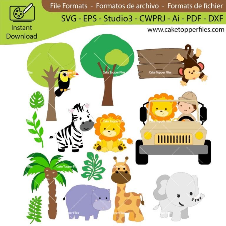 Safari Animals Truck Cake Topper Cutting File